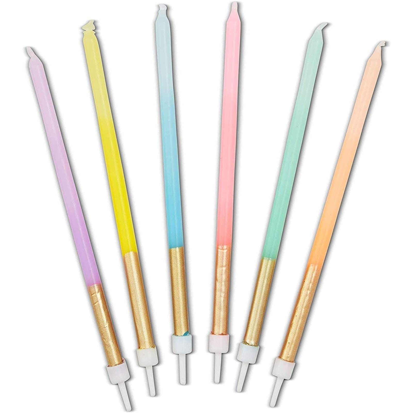 BLUE PANDA - Pastel Ombre Long Thin Birthday Cake Candles in Holders (5 in., 24 Pack)