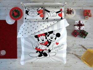 paradise ranforce 100% cotton minnie and mickey mosue bedding, polka dot and heart themed quilt/duvet cover set with fitted sheet, red white, full/queen size (5 pieces with comforter)