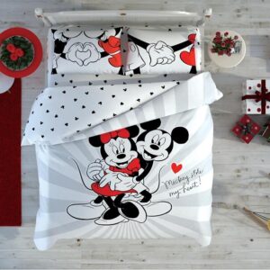 paradise RANFORCE 100% Cotton Minnie and Mickey Mosue Bedding, Polka Dot and Heart Themed Quilt/Duvet Cover Set with Fitted Sheet, Red White, Full/Queen Size (5 Pieces with Comforter)