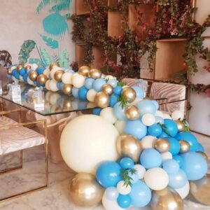 Blue Gold Balloon Garland Kit, Including Chrome Gold, Ivory, Light Blue & White Gold Light Blue Confetti Balloons Decorations Backdrop Ideal for Boys Birthday Baby Bridal Shower Party Decorations