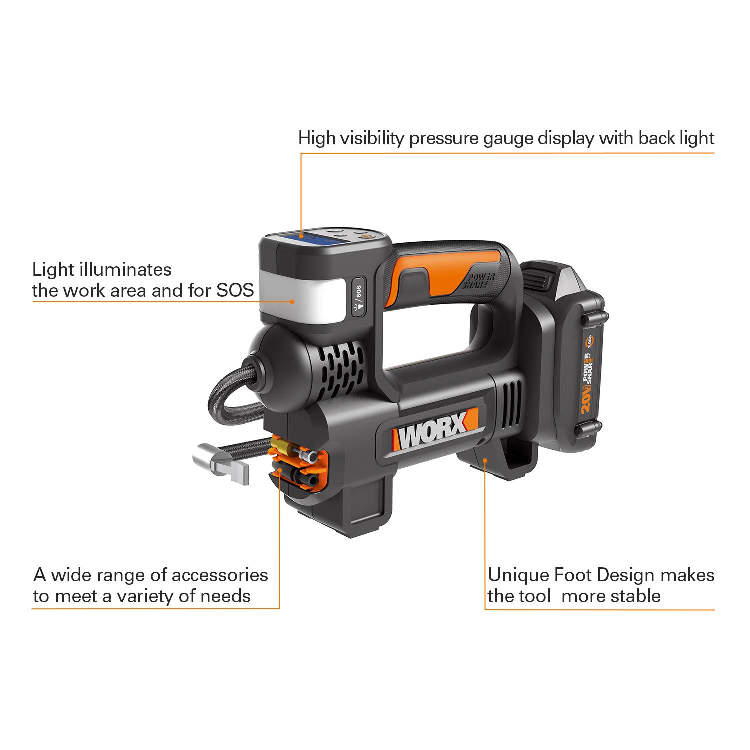 Worx WX092L 20V 2.0Ah 2 in 1 Cordless Inflator Battery and Charger Included, max. 10 Bar, Digital pressure display