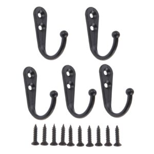 yetaha black wall mounted coat hooks with 10 screws, single prong robe hook 2 holes heavy duty metal wall hooks for hanging towel key scarf bag cap coffee cup mugs, pack of 5