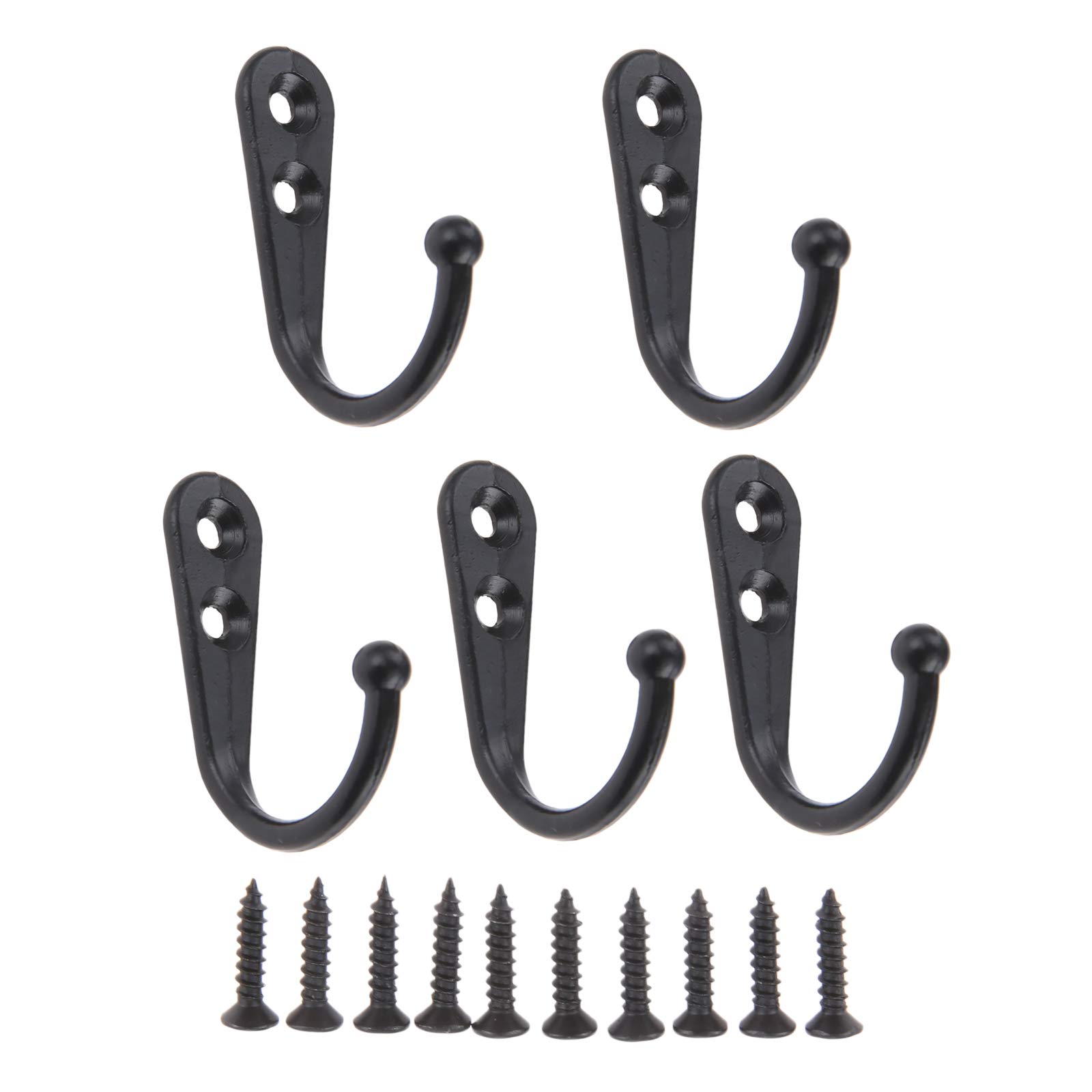 Yetaha Black Wall Mounted Coat Hooks with 10 Screws, Single Prong Robe Hook 2 Holes Heavy Duty Metal Wall Hooks for Hanging Towel Key Scarf Bag Cap Coffee Cup Mugs, Pack of 5