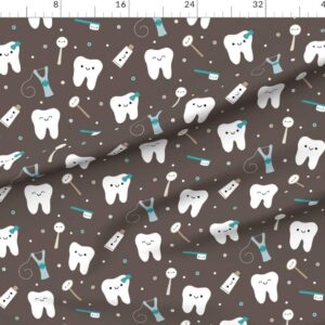 Spoonflower Fabric - Happy Teeth Large Brown Teal Dental Dentist Tooth Toothpaste Printed on Petal Signature Cotton Fabric by The Yard - Sewing Quilting Apparel Crafts Decor