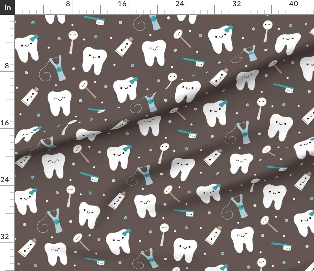 Spoonflower Fabric - Happy Teeth Large Brown Teal Dental Dentist Tooth Toothpaste Printed on Petal Signature Cotton Fabric by The Yard - Sewing Quilting Apparel Crafts Decor