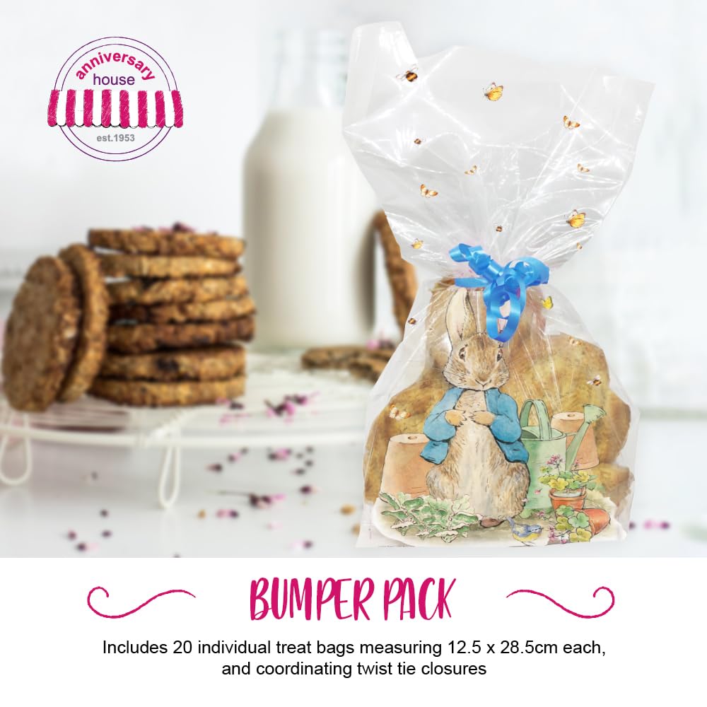 Anniversary House Official Beatrix Potter™ Peter Rabbit™ Treat Bags, BOPP Cellophane Bags, 12.5 x 28.5cm, Pack of 20, Including Twist Ties, Party Bags for Baby Showers, 1st Birthdays, M569