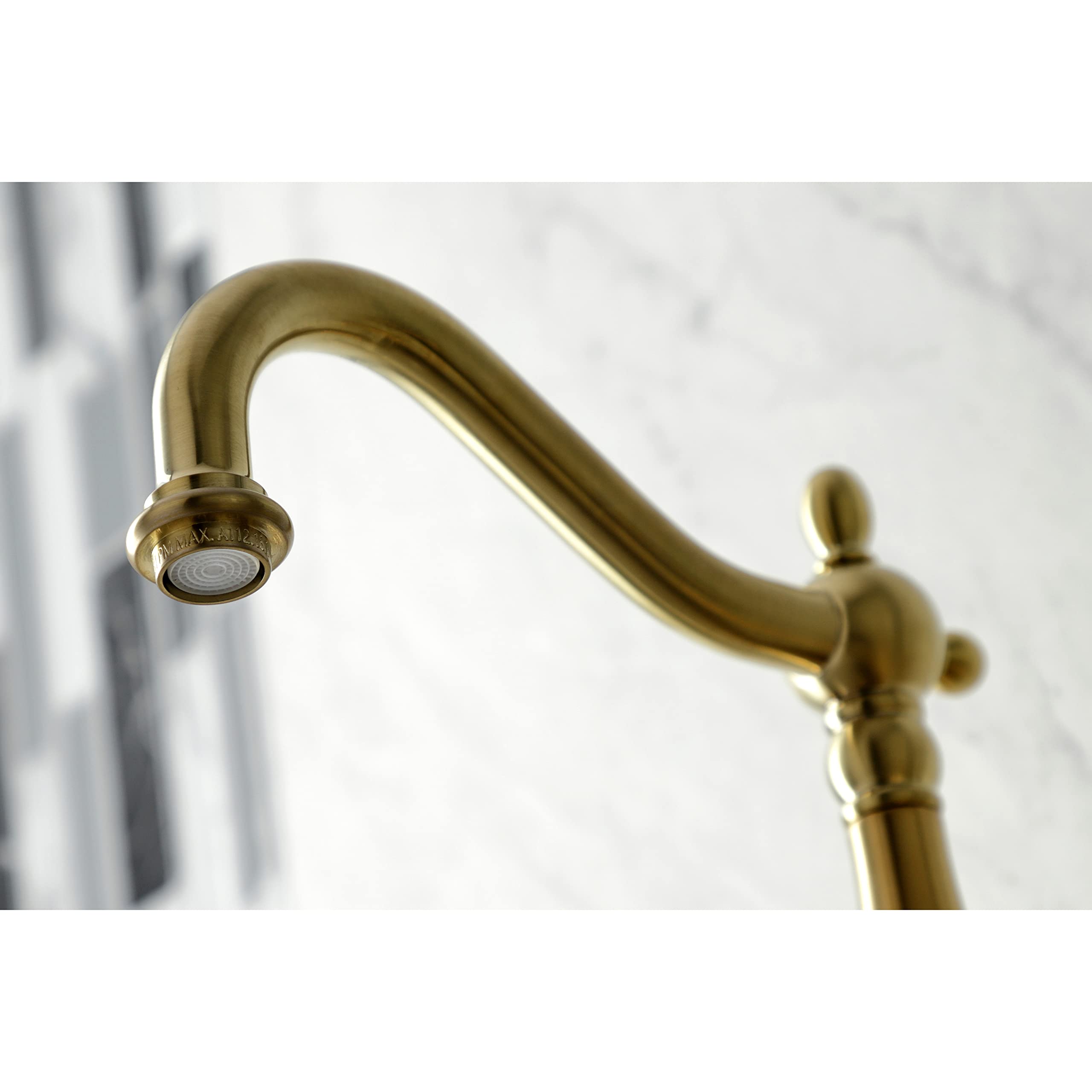 Kingston Brass KS1267PLBS Heritage 8-Inch Centerset Wall Mount Kitchen Faucet with Brass Sprayer, Brushed Brass