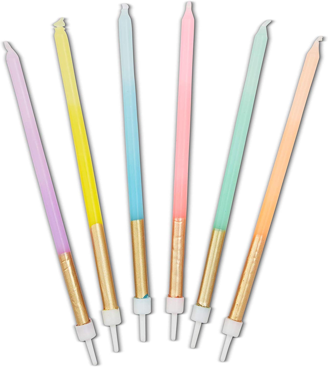 BLUE PANDA - Pastel Ombre Long Thin Birthday Cake Candles in Holders (5 in., 24 Pack)