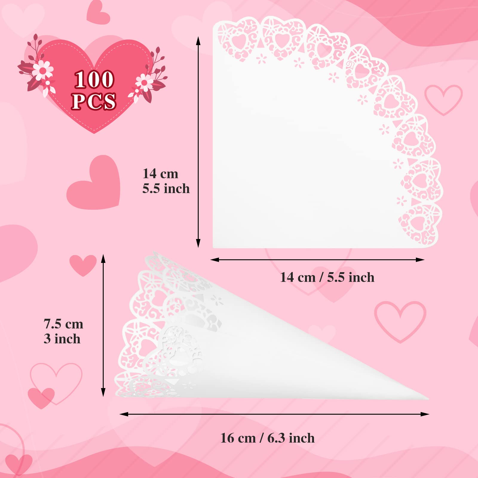 GWHOLE 100 Pcs Heart Confetti Petal Cone for Wedding Party, White