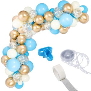 blue gold balloon garland kit, including chrome gold, ivory, light blue & white gold light blue confetti balloons decorations backdrop ideal for boys birthday baby bridal shower party decorations