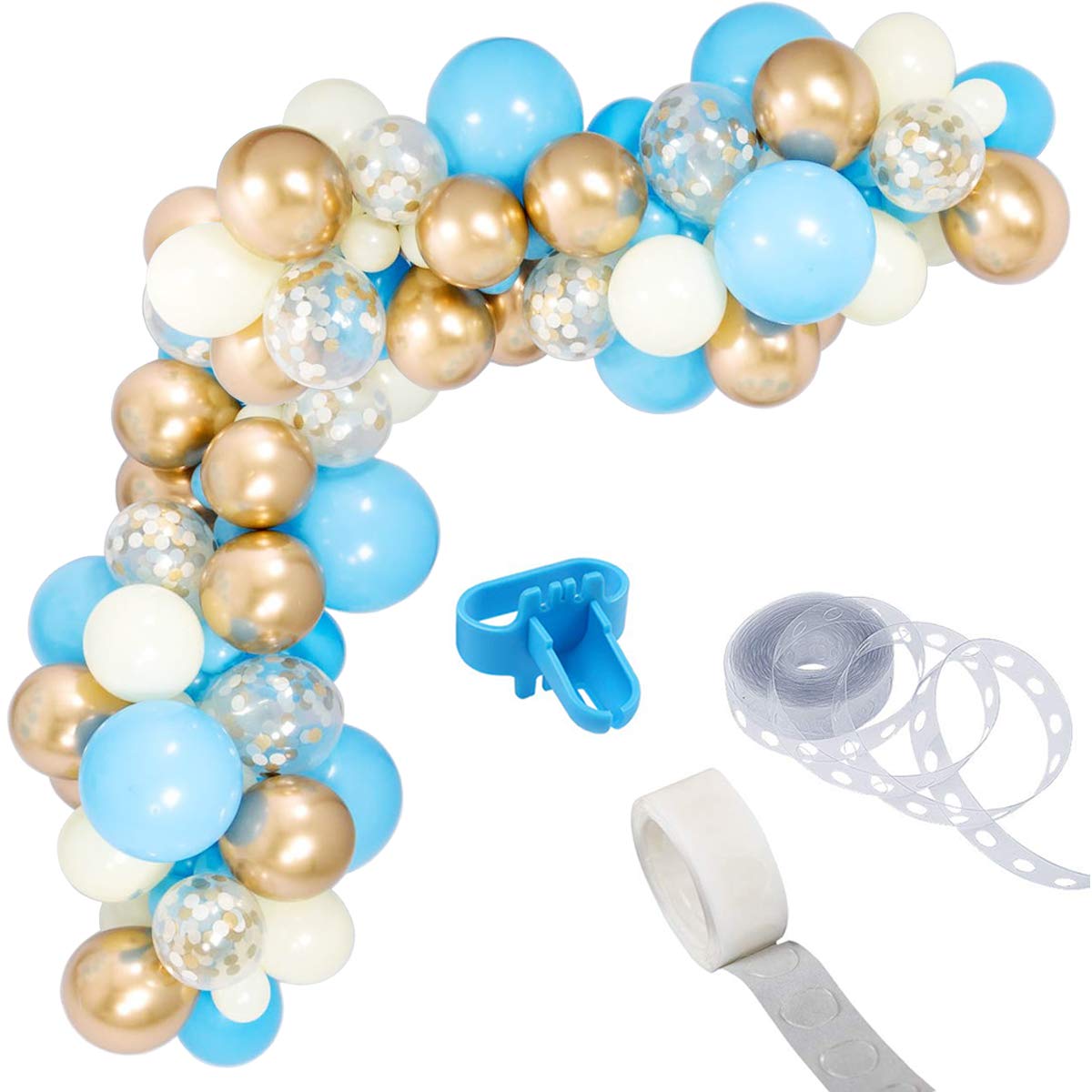 Blue Gold Balloon Garland Kit, Including Chrome Gold, Ivory, Light Blue & White Gold Light Blue Confetti Balloons Decorations Backdrop Ideal for Boys Birthday Baby Bridal Shower Party Decorations