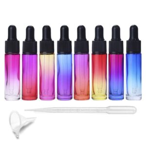 mollensiuer 8pcs 10ml rainbow gradient color glass dropper bottle vial thick empty cosmetic essential oil bottle tube sample sub-bottles containers with eye dropper, 1 funnel+1 3ml transfer dropper