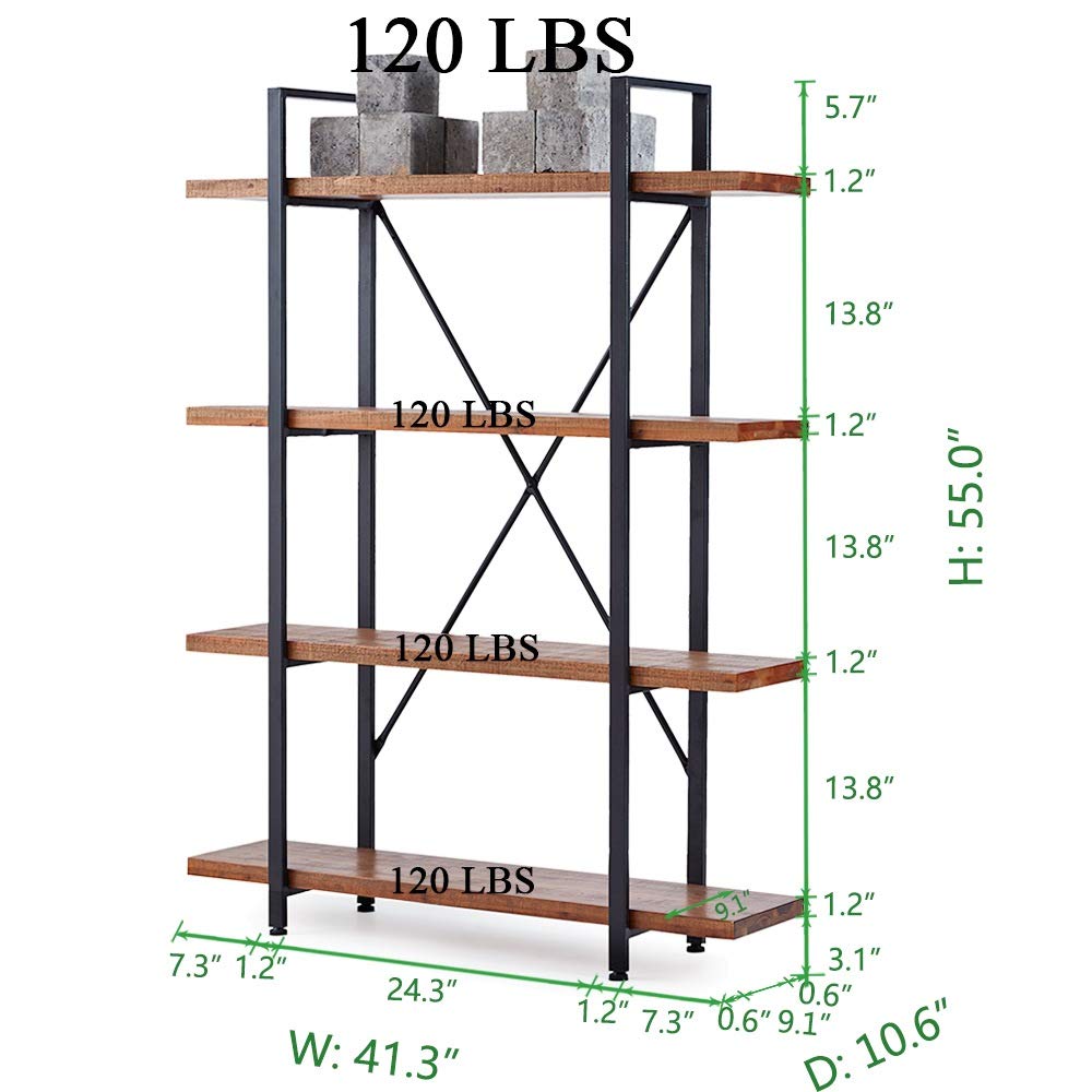 HSH 4 Tier Natural Real Wood Bookshelf, 4 Shelf Rustic Solid Wooden and Metal Bookcase, Farmhouse Open Vintage Industrial Etagere Book Shelf for Office Living Room Bedroom Storage, Distressed Brown