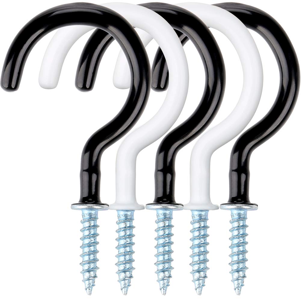 H&S Heavy Duty Cup Hooks for Kitchen Utensils Display - 18pcs Mug Holders with 2.9 Inches Screw for Hanging Plants - Plastic Coated Black & White Ceiling Hooks