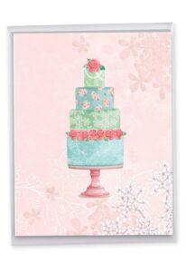 nobleworks - 1 beautiful wedding congratulations notecard w/envelope (big 8.5 x 11 inch) - floral layered, newlywed marriage gift from all of us for bride, groom - watercolor cake j2984fwdg-us