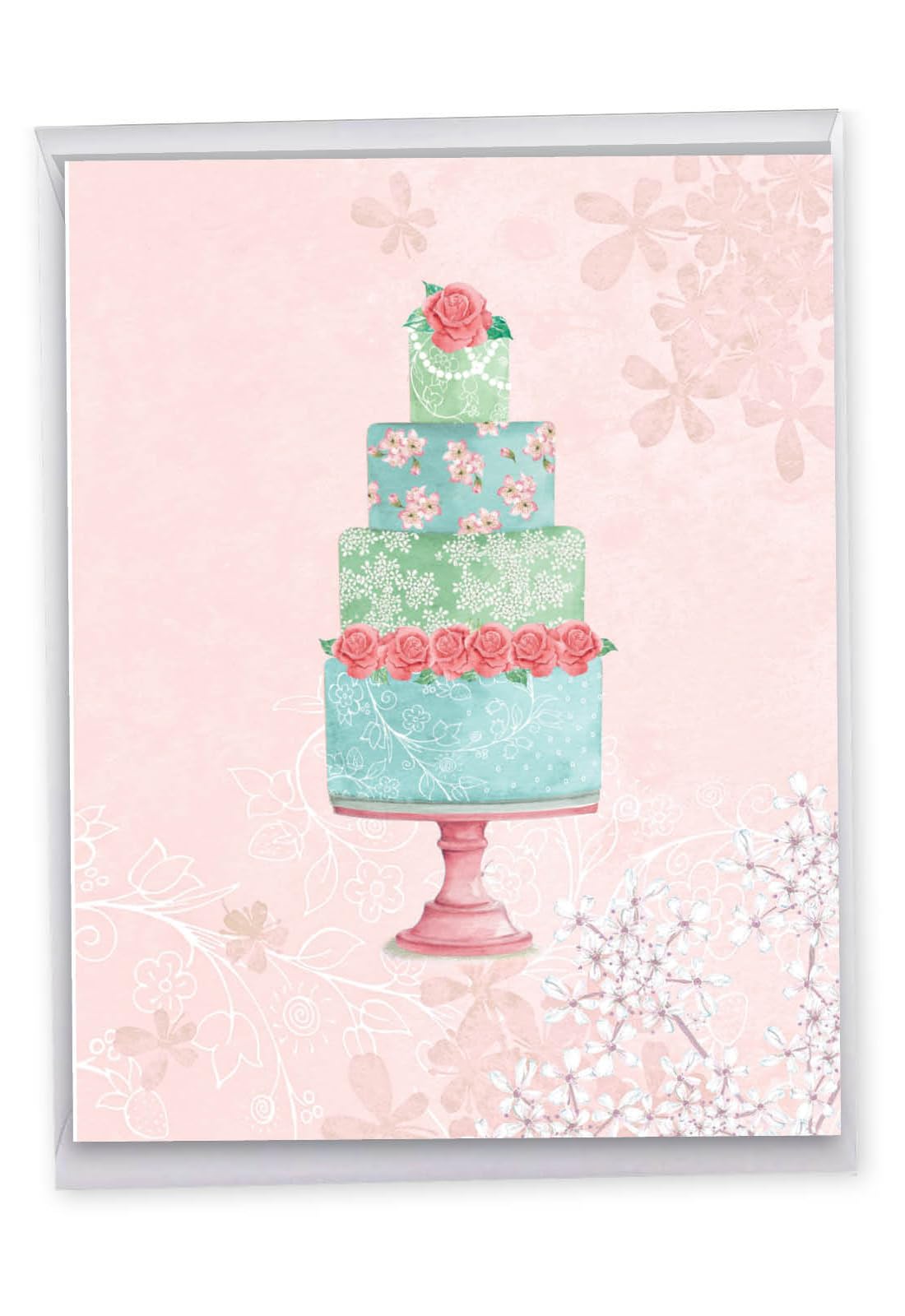 NobleWorks - 1 Beautiful Wedding Congratulations Notecard w/Envelope (Big 8.5 x 11 Inch) - Floral Layered, Newlywed Marriage Gift from All of Us for Bride, Groom - Watercolor Cake J2984FWDG-US