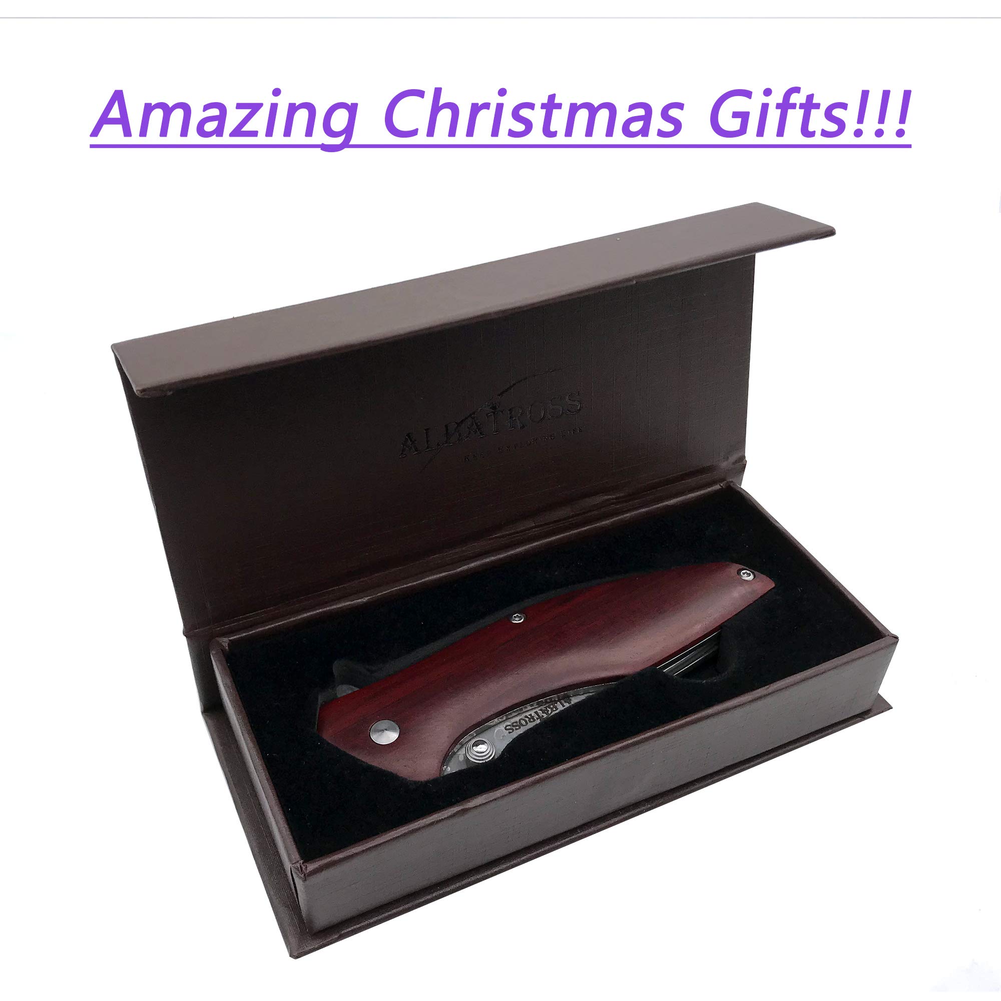 ALBATROSS Pocket Knife Red sandalwood 7.25" Modern Damascus Steel Knife Frame Lock Folding Knife Gift Box - HGDK021