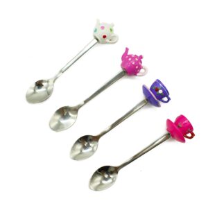 Tea Party Decorations and Tea Party Favors | 4 Stainless Steel Fancy Forks and 4 Stainless Steel Fancy Spoons | Resin Cake and Teapot Designs