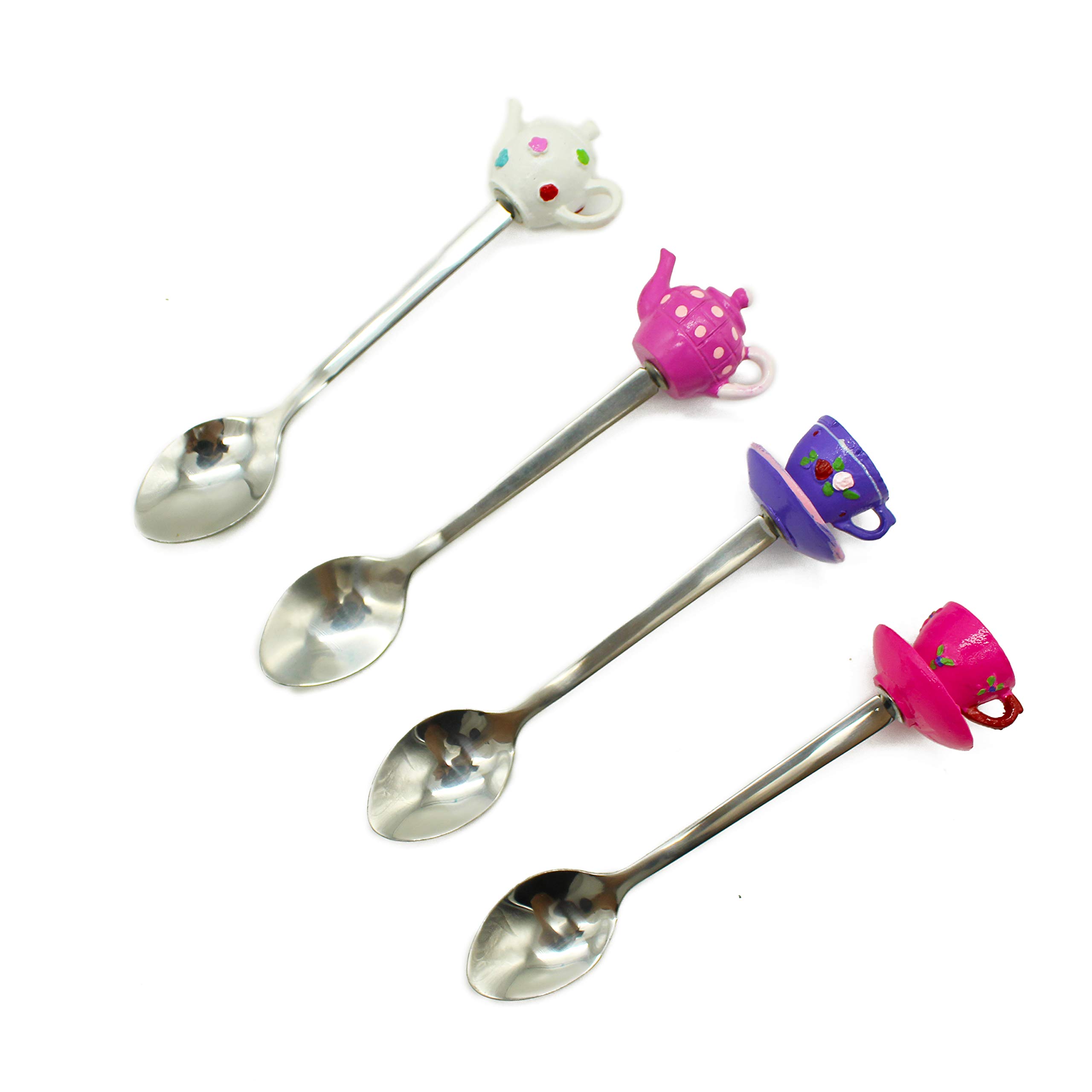 Tea Party Decorations and Tea Party Favors | 4 Stainless Steel Fancy Forks and 4 Stainless Steel Fancy Spoons | Resin Cake and Teapot Designs