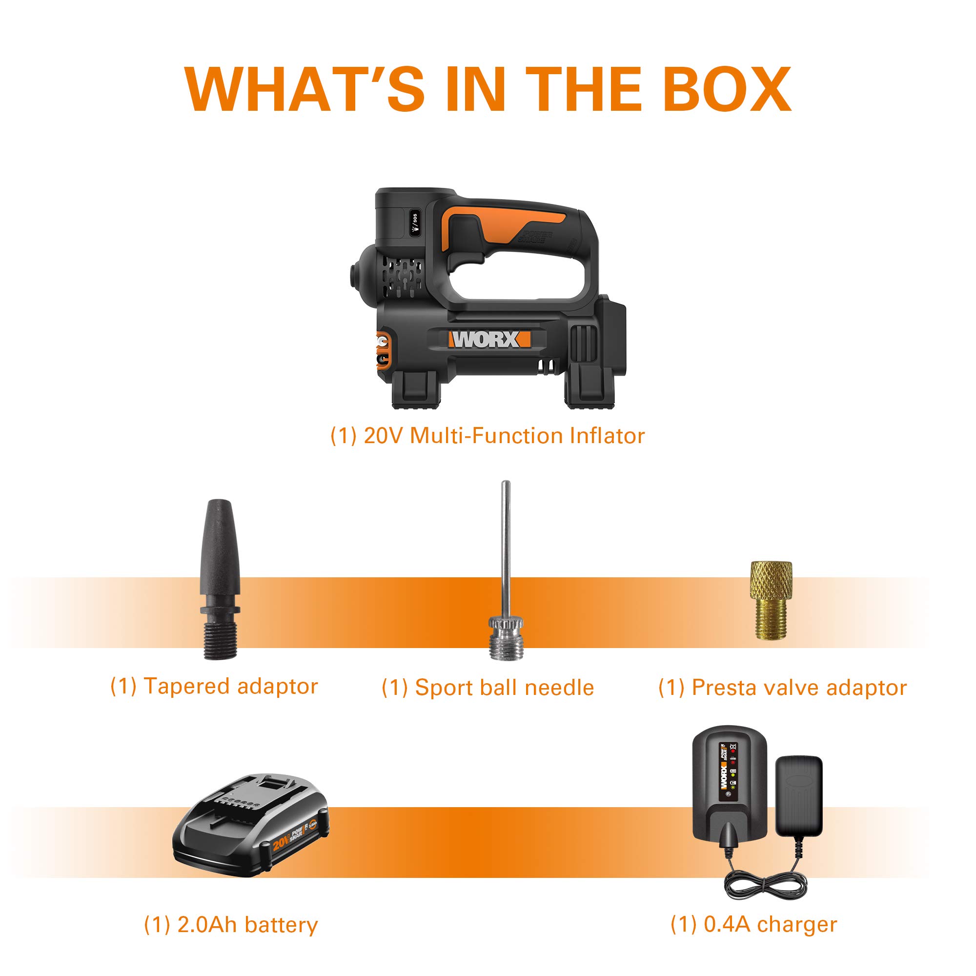 Worx WX092L 20V 2.0Ah 2 in 1 Cordless Inflator Battery and Charger Included, max. 10 Bar, Digital pressure display