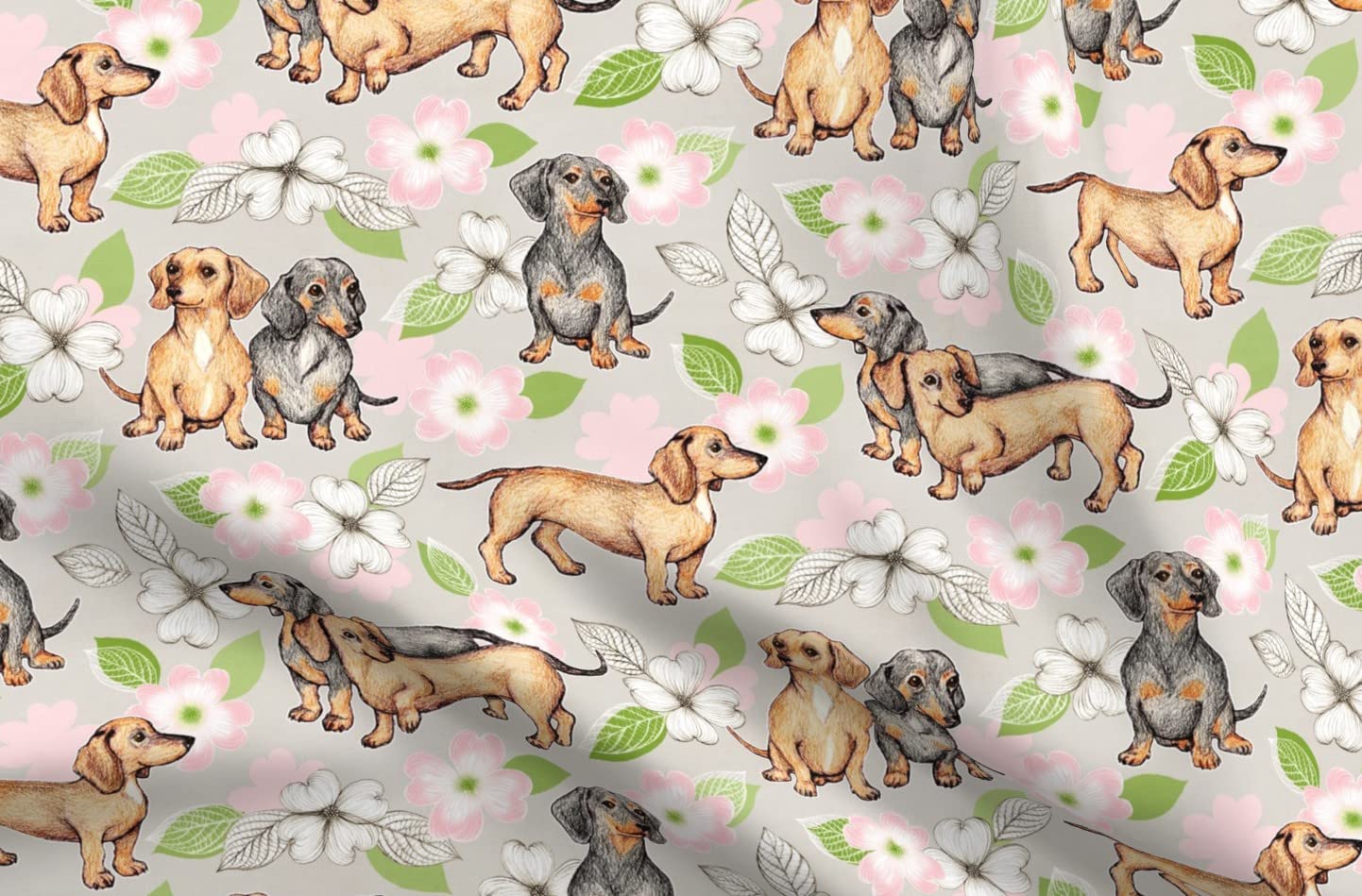 Spoonflower Fabric - Dachshunds Dogwood Blossoms Pink Large Dachshund Dogs Cute Gray Year Printed on Petal Signature Cotton Fabric by The Yard - Sewing Quilting Apparel Crafts Decor