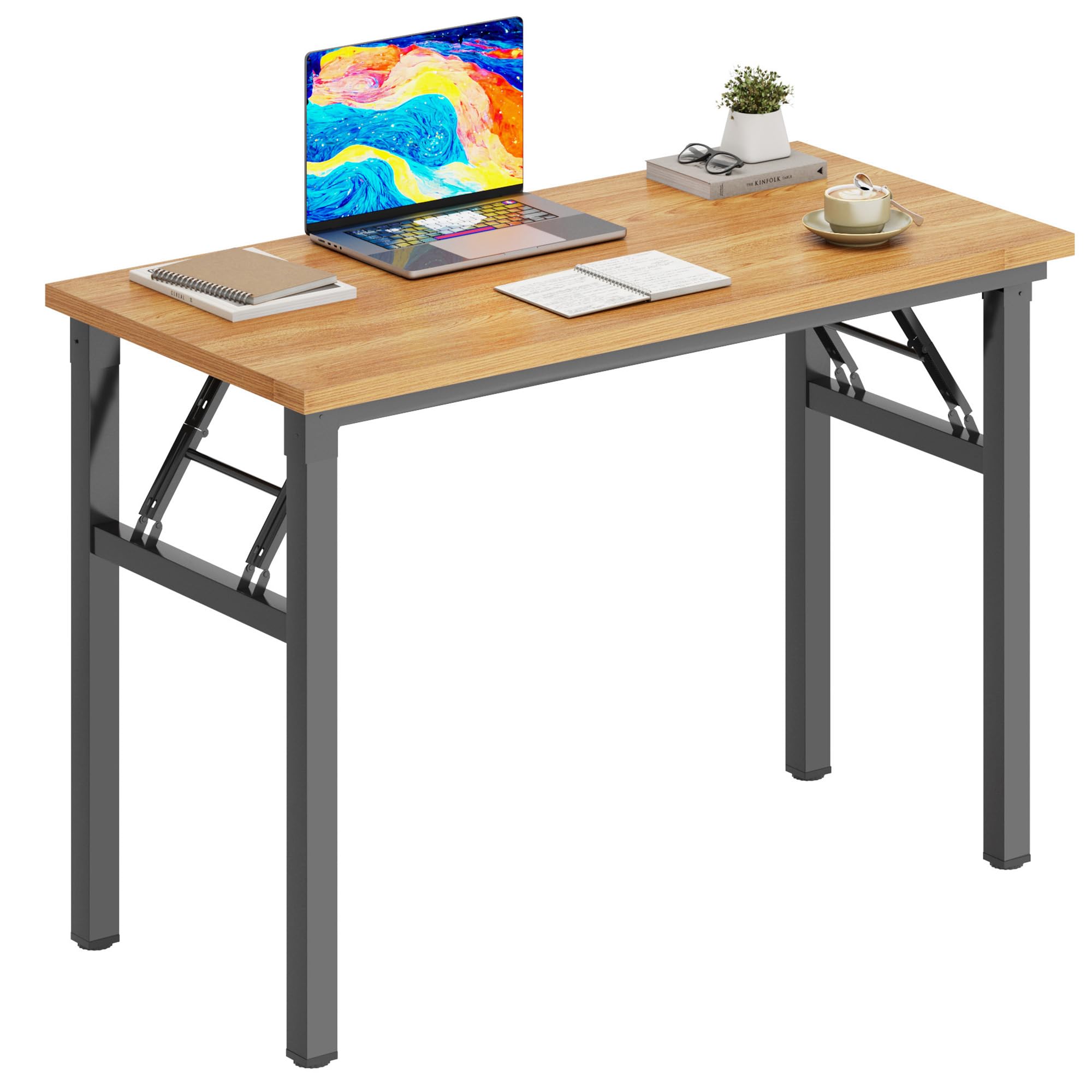 DlandHome Folding Desk Small Desk 31.5 inches Small Computer Desk for Home Office Folding Table Writing Table for Small Spaces No Assembly Required Teak & Black Frame