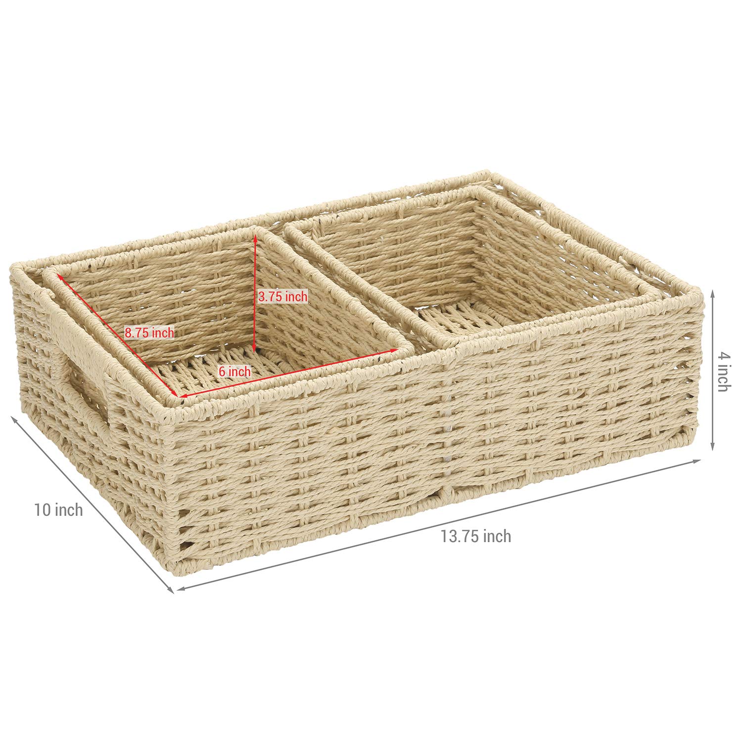 MyGift Beige Woven Small Storage Tray for Organizing, Multipurpose Nesting Basket Bin, Set of 3