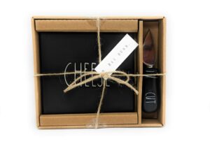 rae dunn by magenta"cheese""cut" in large letters ll cheese cutting board and cheese knife set in gift box (black with white lettering)