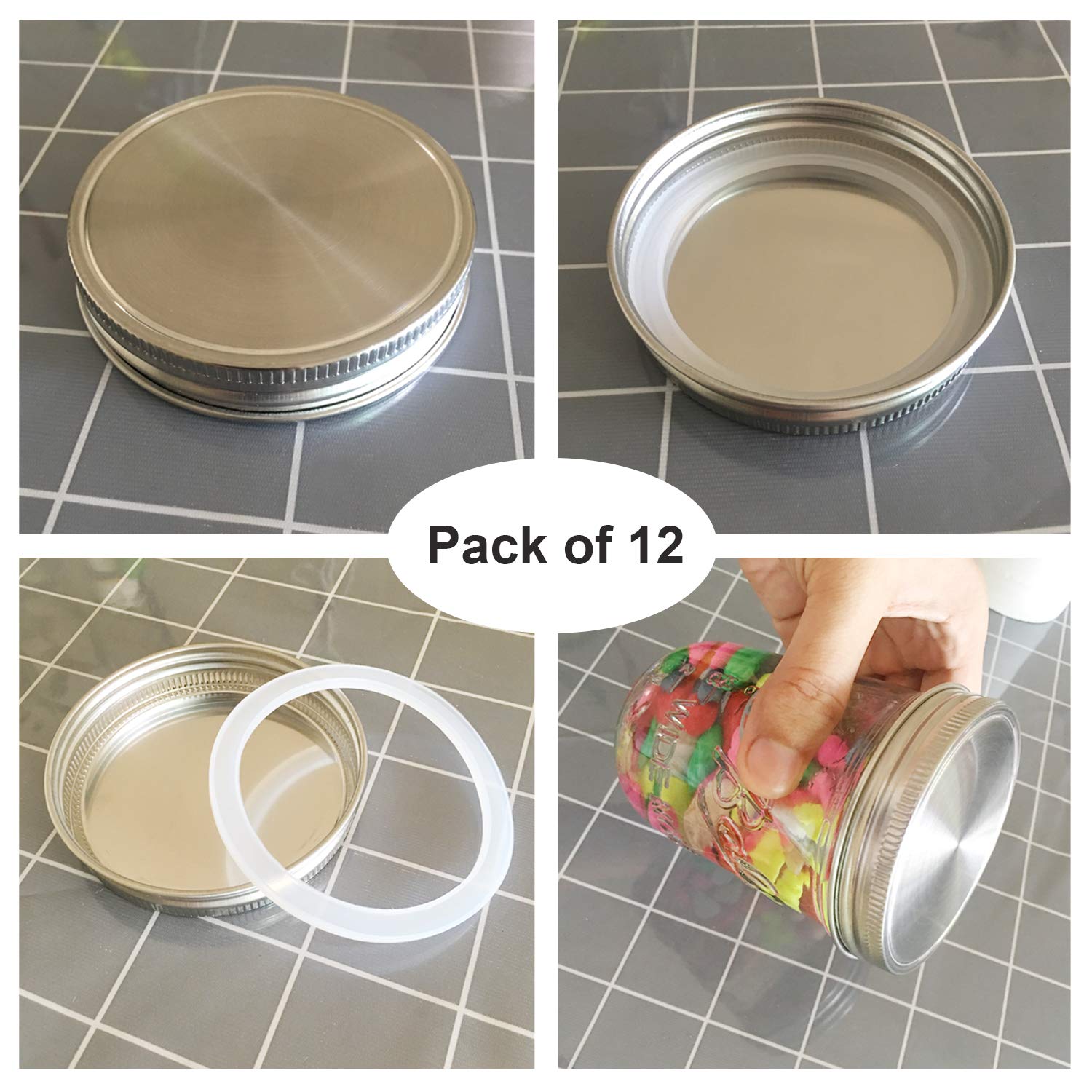 Stainless Steel Mason Jar Lids, Storage Caps with Silicone Seals for Wide Mouth Mason Canning Jars, Polished Surface, Reusable and Leak Proof, Pack of 12 (12-Pack Wide Mouth stainless steel)