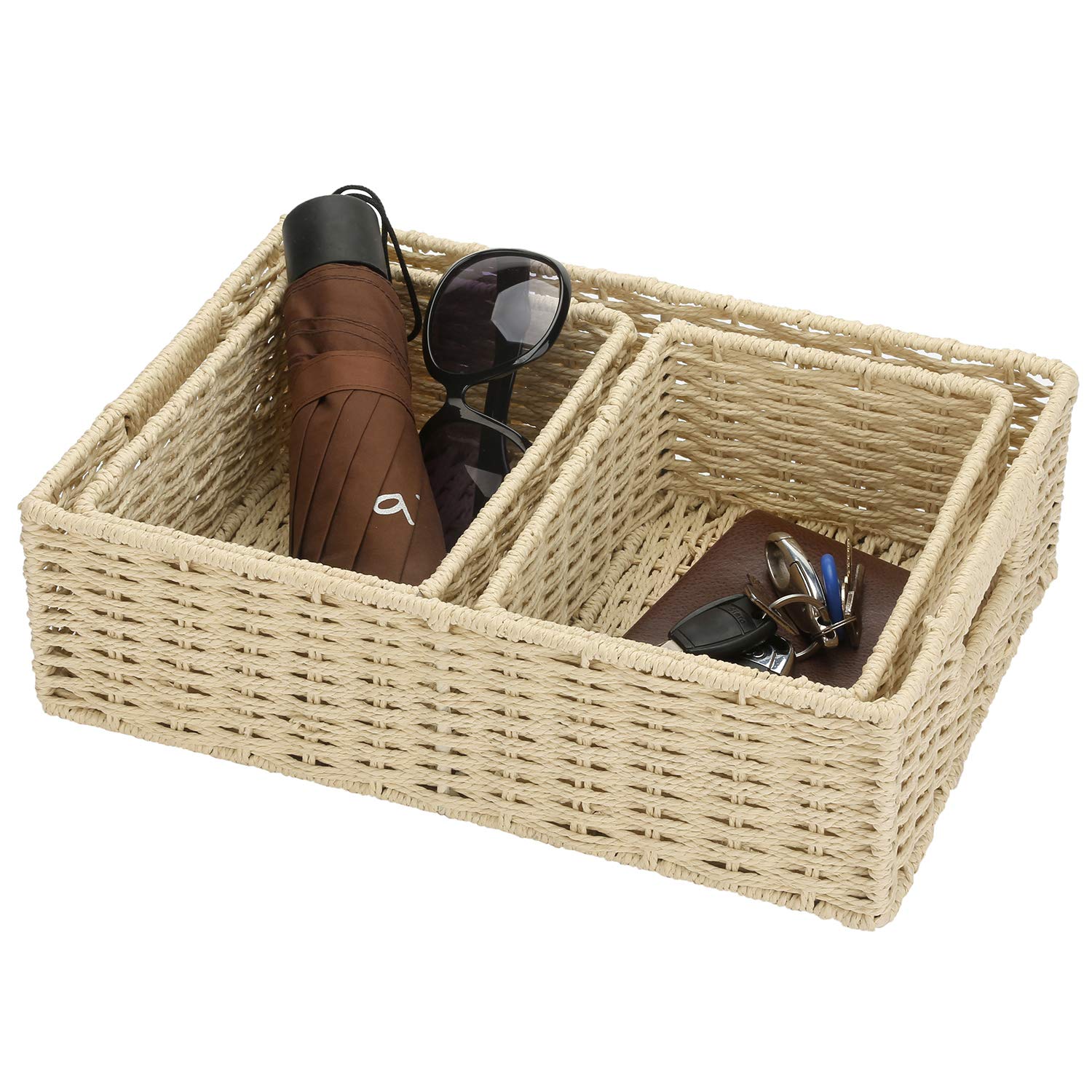 MyGift Beige Woven Small Storage Tray for Organizing, Multipurpose Nesting Basket Bin, Set of 3