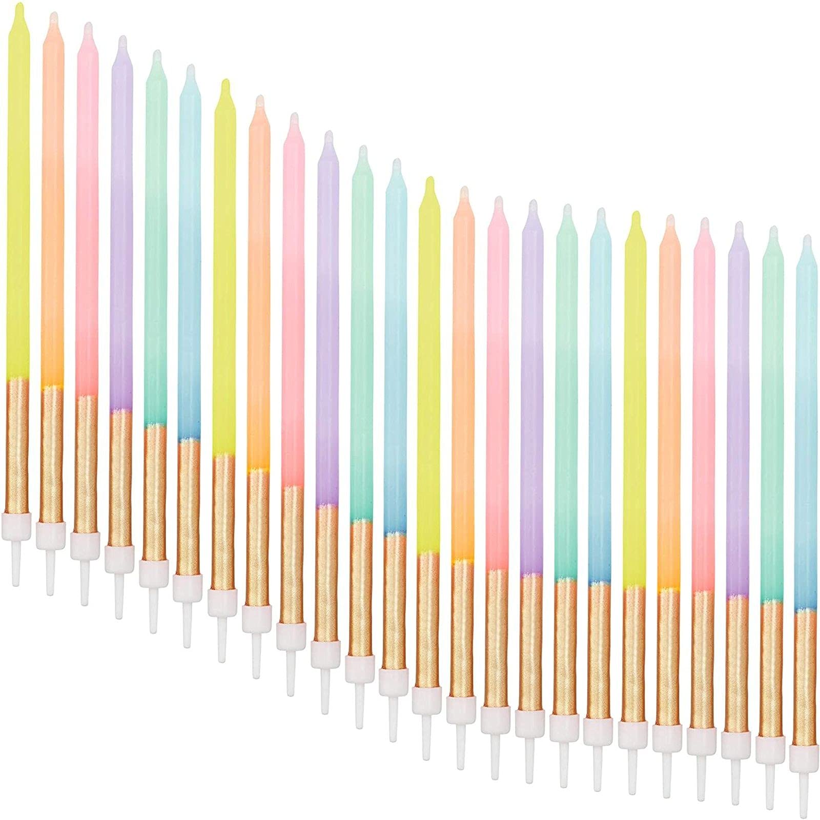 BLUE PANDA - Pastel Ombre Long Thin Birthday Cake Candles in Holders (5 in., 24 Pack)