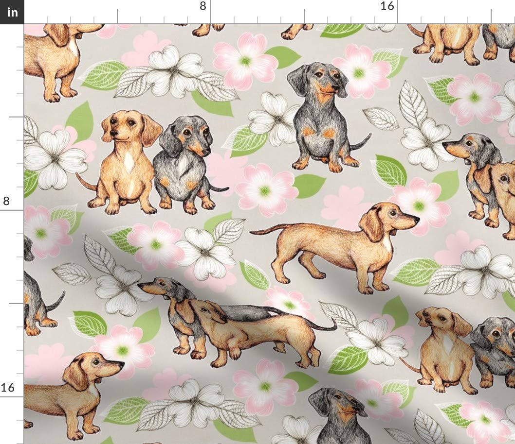 Spoonflower Fabric - Dachshunds Dogwood Blossoms Pink Large Dachshund Dogs Cute Gray Year Printed on Petal Signature Cotton Fabric by The Yard - Sewing Quilting Apparel Crafts Decor