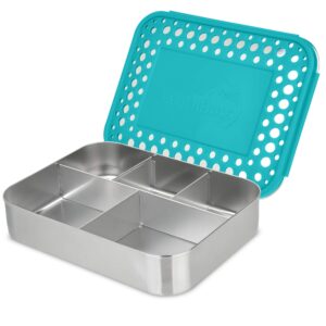 lunchbots large cinco stainless steel lunch container - five section design holds a variety of foods - metal bento box - dishwasher safe - stainless lid - aqua dots