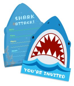 yangmics direct 25 pack shark birthday party invitations with envelopes-double sided -shaped fill-in invitations-shark party supplies