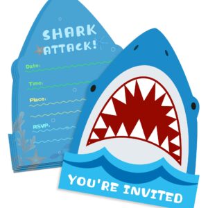 Yangmics Direct 25 Pack Shark Birthday Party Invitations with Envelopes-Double Sided -Shaped Fill-In Invitations-Shark party supplies