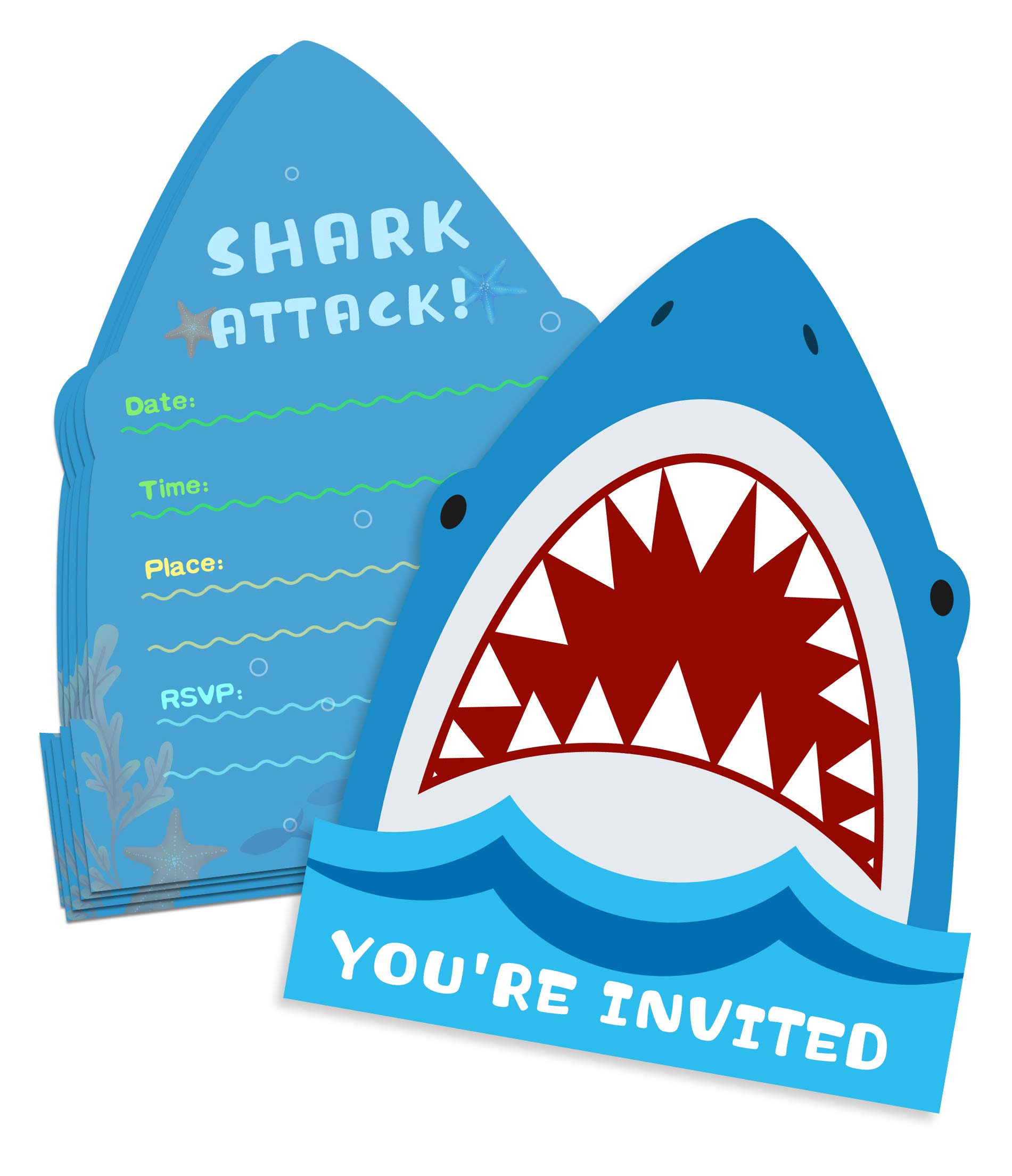 Yangmics Direct 25 Pack Shark Birthday Party Invitations with Envelopes-Double Sided -Shaped Fill-In Invitations-Shark party supplies