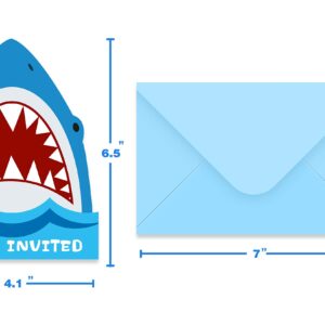 Yangmics Direct 25 Pack Shark Birthday Party Invitations with Envelopes-Double Sided -Shaped Fill-In Invitations-Shark party supplies