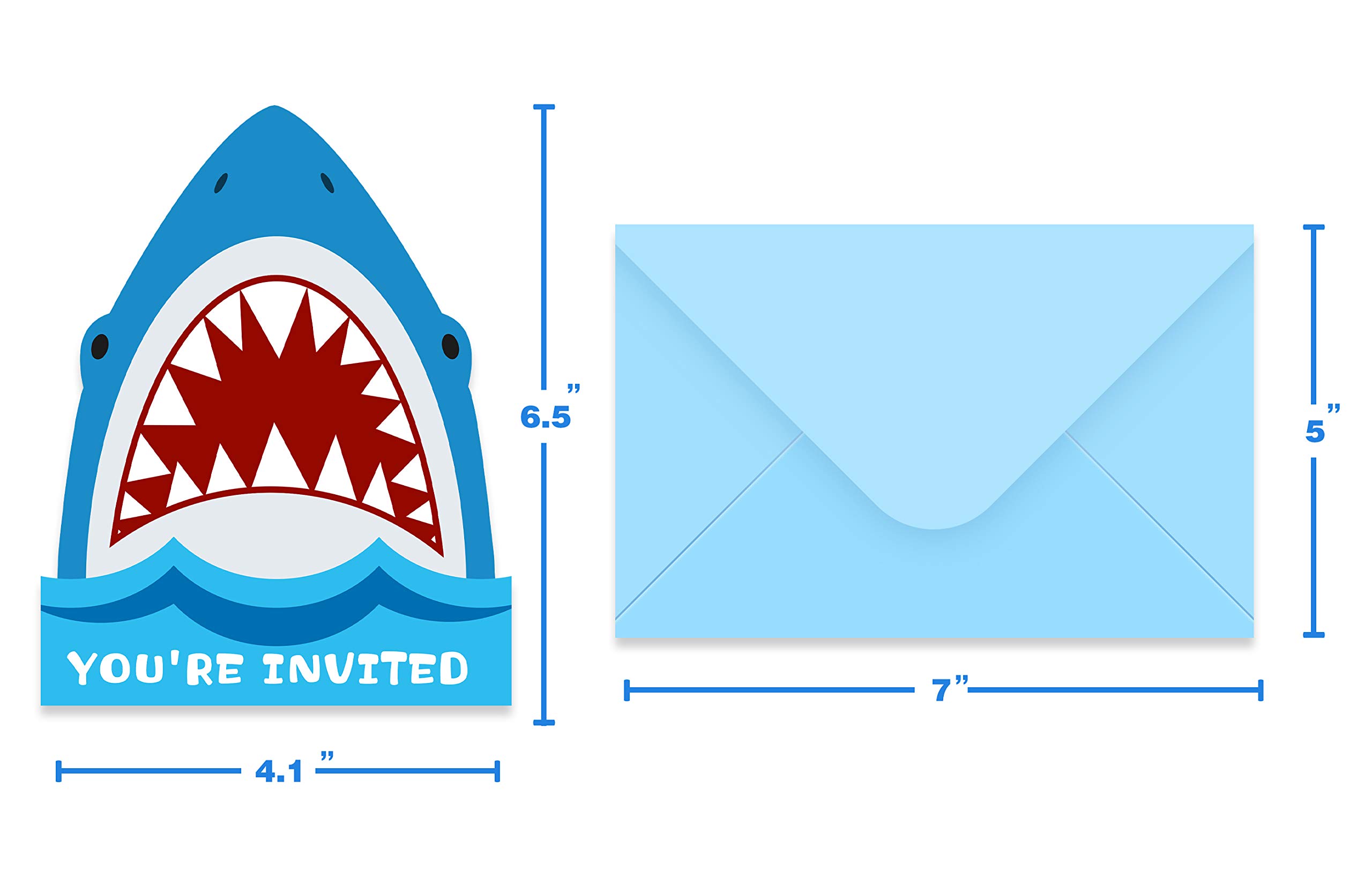 Yangmics Direct 25 Pack Shark Birthday Party Invitations with Envelopes-Double Sided -Shaped Fill-In Invitations-Shark party supplies