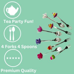 Tea Party Decorations and Tea Party Favors | 4 Stainless Steel Fancy Forks and 4 Stainless Steel Fancy Spoons | Resin Cake and Teapot Designs