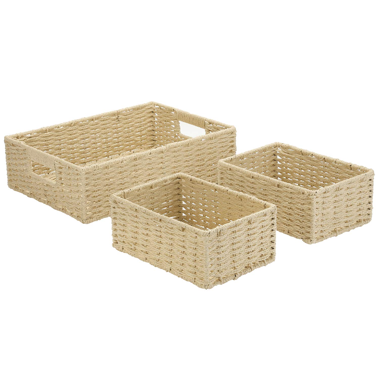 MyGift Beige Woven Small Storage Tray for Organizing, Multipurpose Nesting Basket Bin, Set of 3