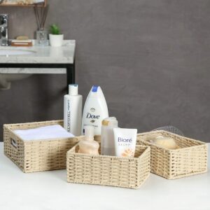 MyGift Beige Woven Small Storage Tray for Organizing, Multipurpose Nesting Basket Bin, Set of 3