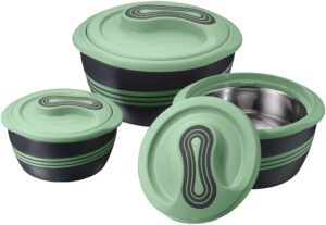 pinnacle insulated casserole dish with lid 3 pc set 2.6/2/1 qt. hot pot food warmer/cooler –thermal soup/salad serving bowl- stainless steel hot food container–best gift set for moms –holidays green