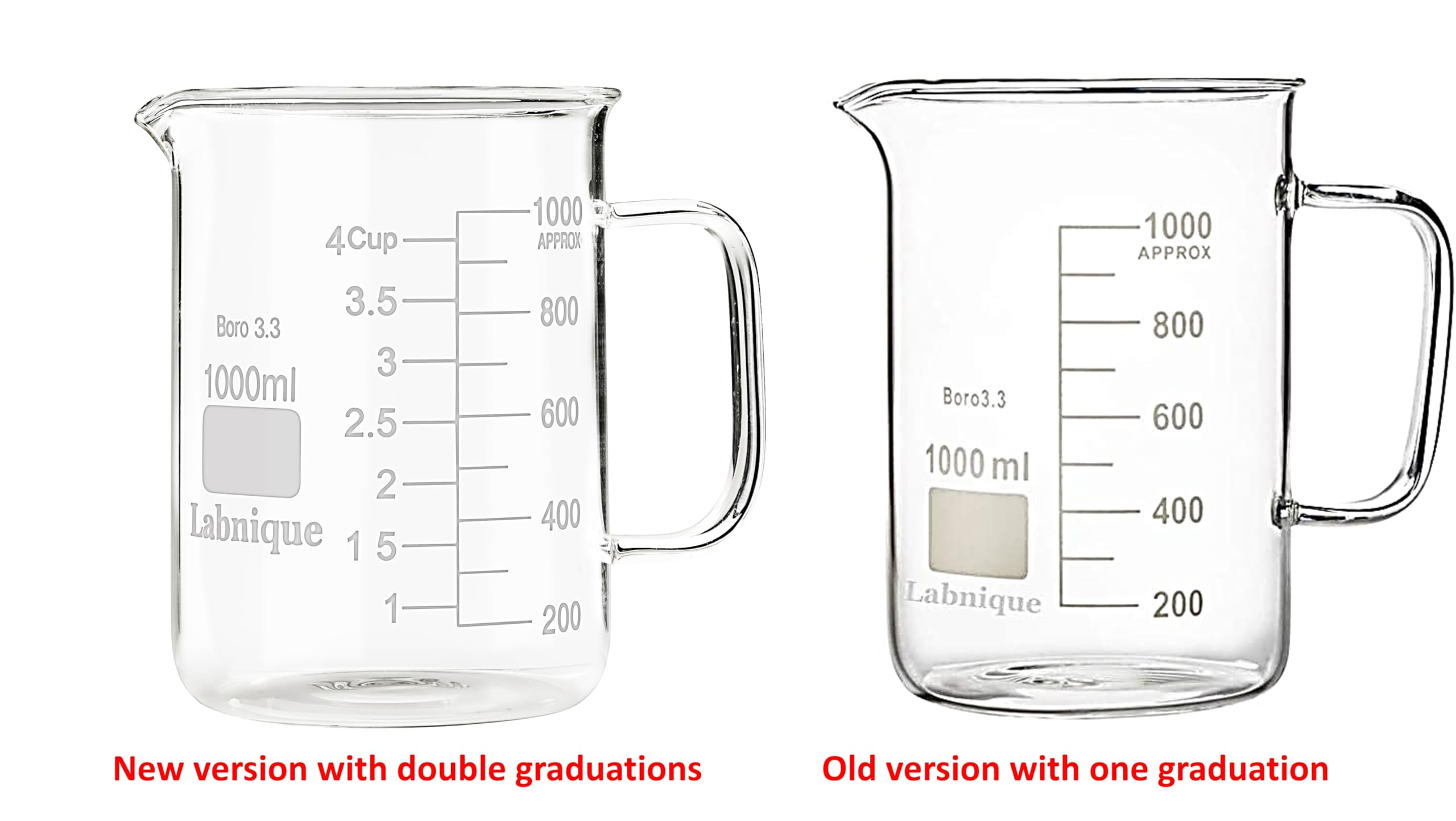 Labnique Glass Beaker with Handle, Beaker Mug with Pouring Spout, Double Graduated, 1000ml (33.8 oz / 4.2 cups)