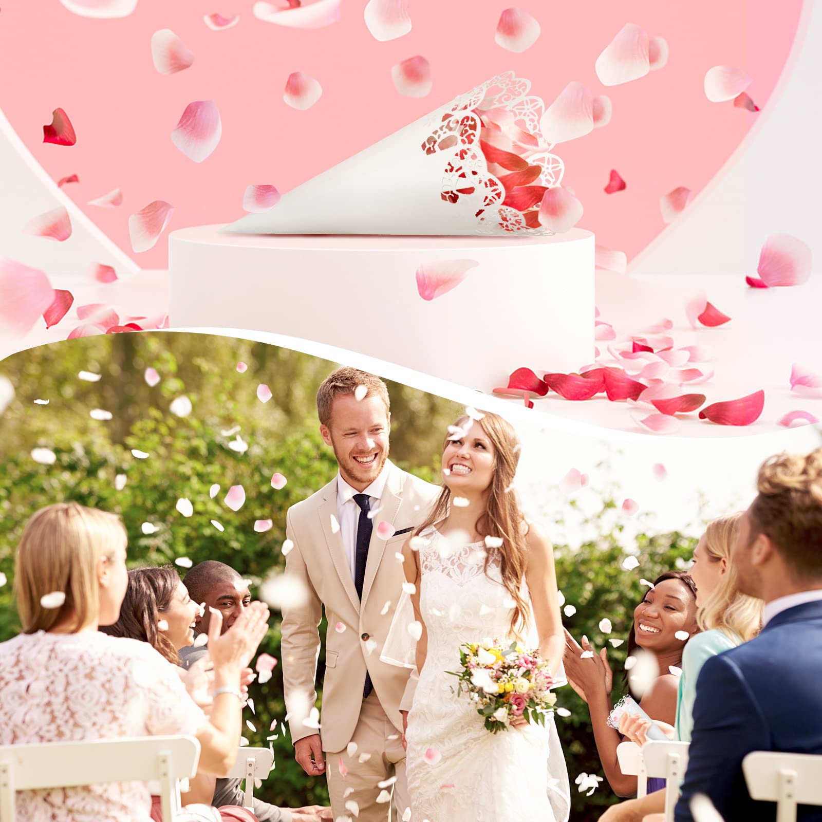 GWHOLE 100 Pcs Heart Confetti Petal Cone for Wedding Party, White