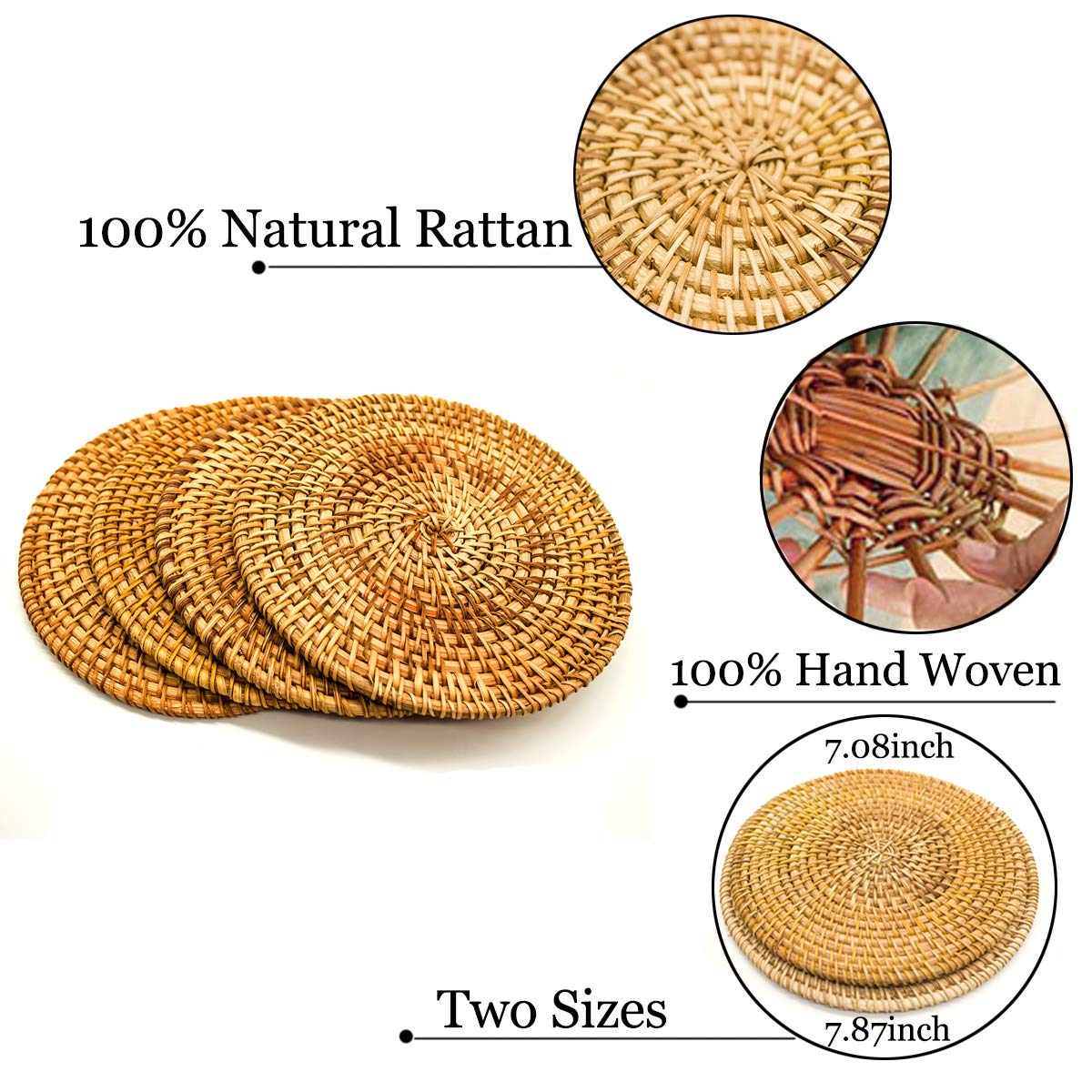 BEEHOMEE Trivets for Hot Dishes - Woven Rattan Trivets Hot Pads for Dinning Table,Kitchen Heat Resistant Straw Dish Coasters Placemats Pot Holder (7.87 Inch)