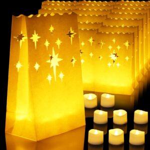 homemory luminary bags with flameless candles, 24 led tea lights with 24 bags, flameless tealights candles with warm white lights, small electric tea candles for wedding, party, christmas, 150+ hours