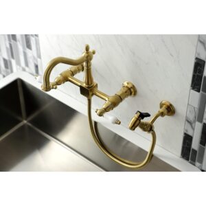 Kingston Brass KS1267PLBS Heritage 8-Inch Centerset Wall Mount Kitchen Faucet with Brass Sprayer, Brushed Brass