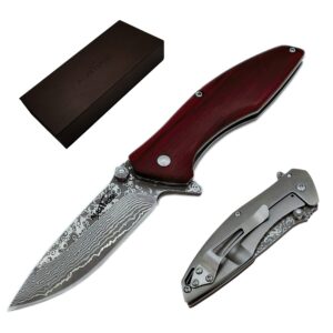 albatross pocket knife red sandalwood 7.25" modern damascus steel knife frame lock folding knife gift box - hgdk021