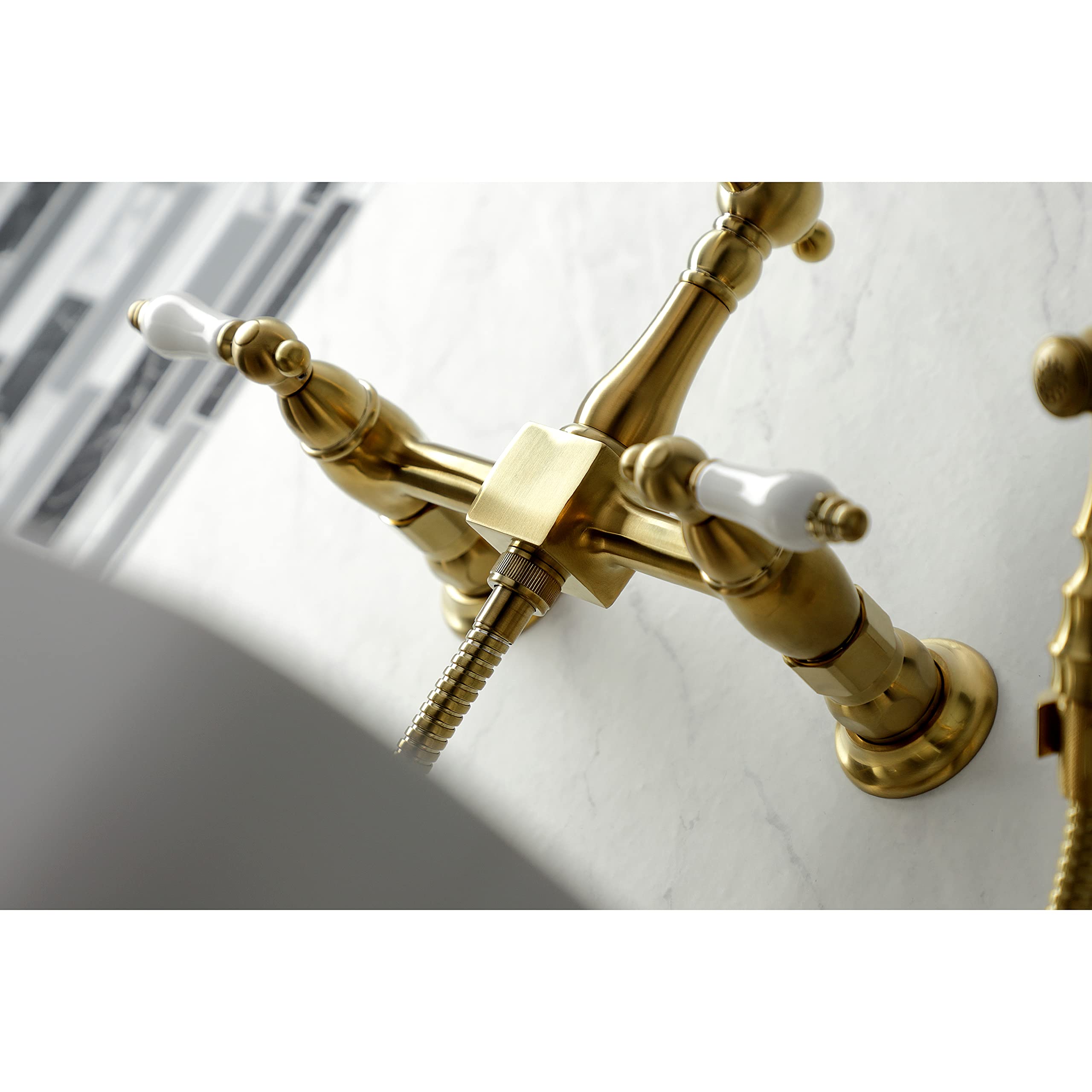 Kingston Brass KS1267PLBS Heritage 8-Inch Centerset Wall Mount Kitchen Faucet with Brass Sprayer, Brushed Brass