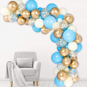 Blue Gold Balloon Garland Kit, Including Chrome Gold, Ivory, Light Blue & White Gold Light Blue Confetti Balloons Decorations Backdrop Ideal for Boys Birthday Baby Bridal Shower Party Decorations